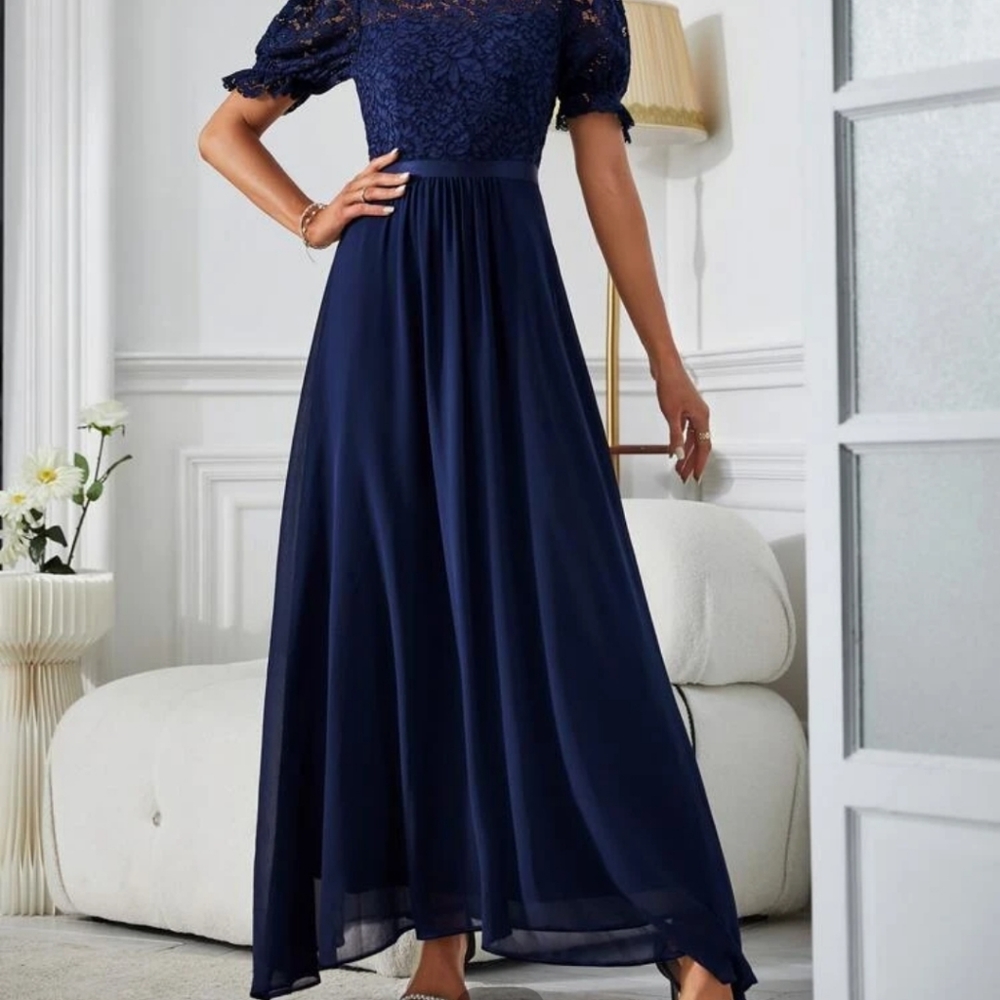 Navy Blue Lace And Chiffon Dress - Gem